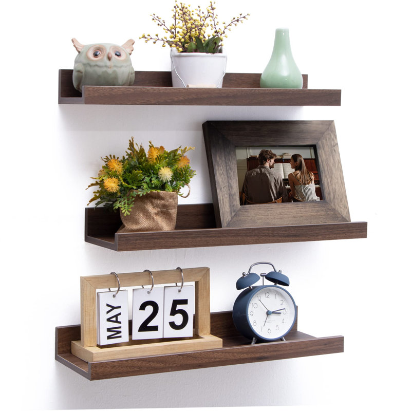 Millwood Pines Picture Ledge Shelf Floating Shelves For Wall Set Of 3 Rustic Walnut Floating Shelves With Lip Picture Shelf For Wall With Ledge For Nursery Bookshelf Bedroom Living Room Kitchen Office